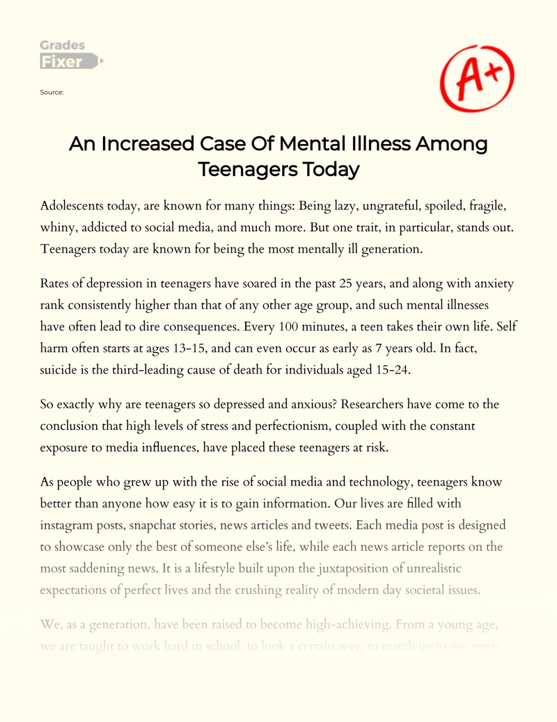Teenage Mental Health The Increase In Mental Illnesses Essay Example