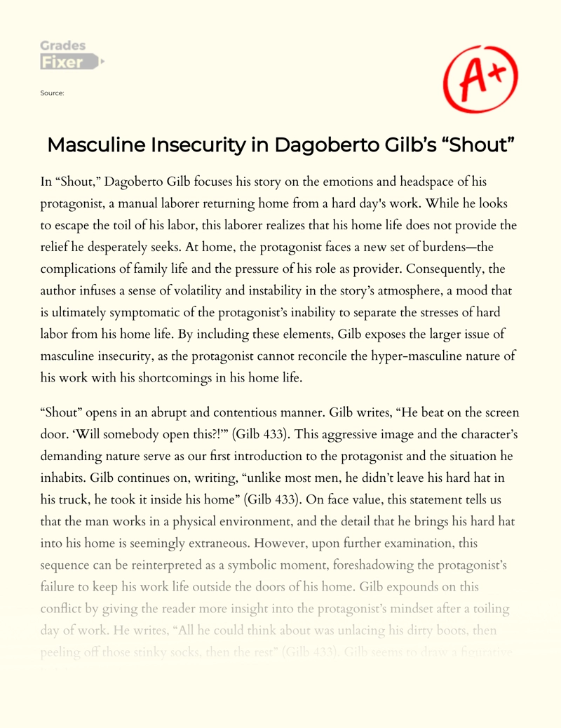 Masculine Insecurity In Dagoberto Gilb s Shout Essay Example 1331