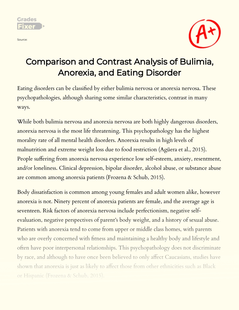 Comparison And Contrast Analysis Of Bulimia Anorexia And Eating Comparison And Contrast Analysis Of Bulimia Anorexia And Eating