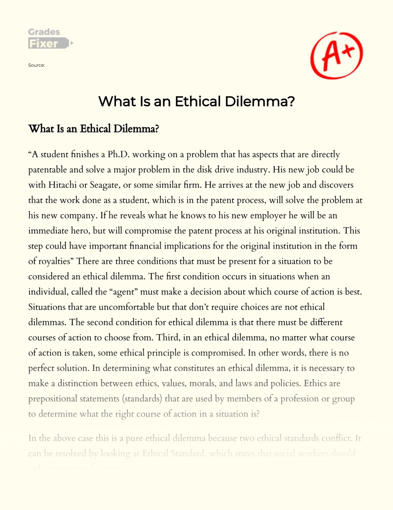 Overview Of What An Ethical Dilemma Is Essay Example 522 Words Overview Of What An Ethical Dilemma Is Essay Example 522 Words