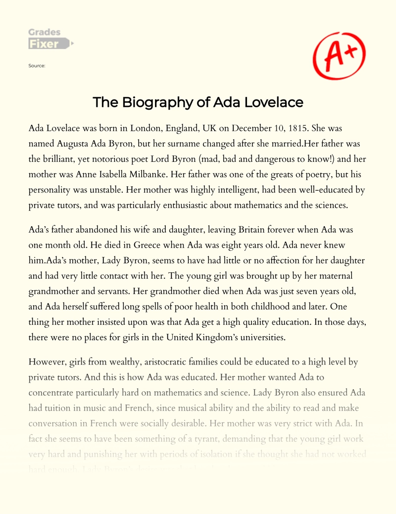 The Biography Of Ada Lovelace Essay Example 512 Words The Biography Of Ada Lovelace Essay Example 512 Words