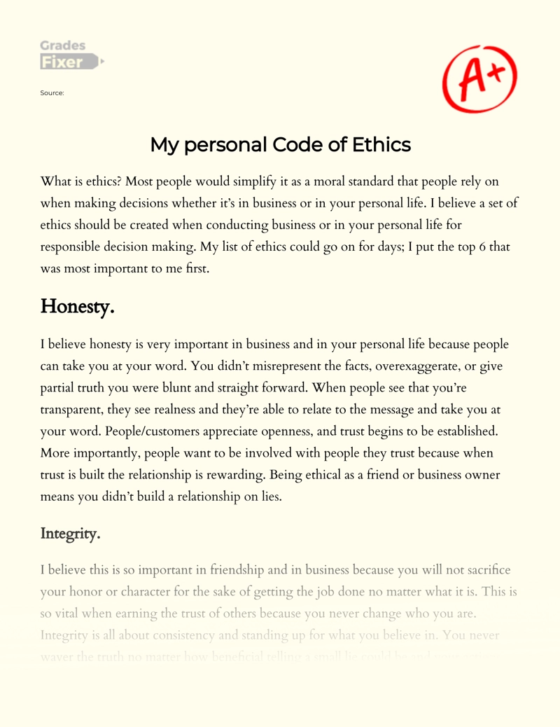 Personal Code Of Ethics Example Essay Example 1057 Words GradesFixer