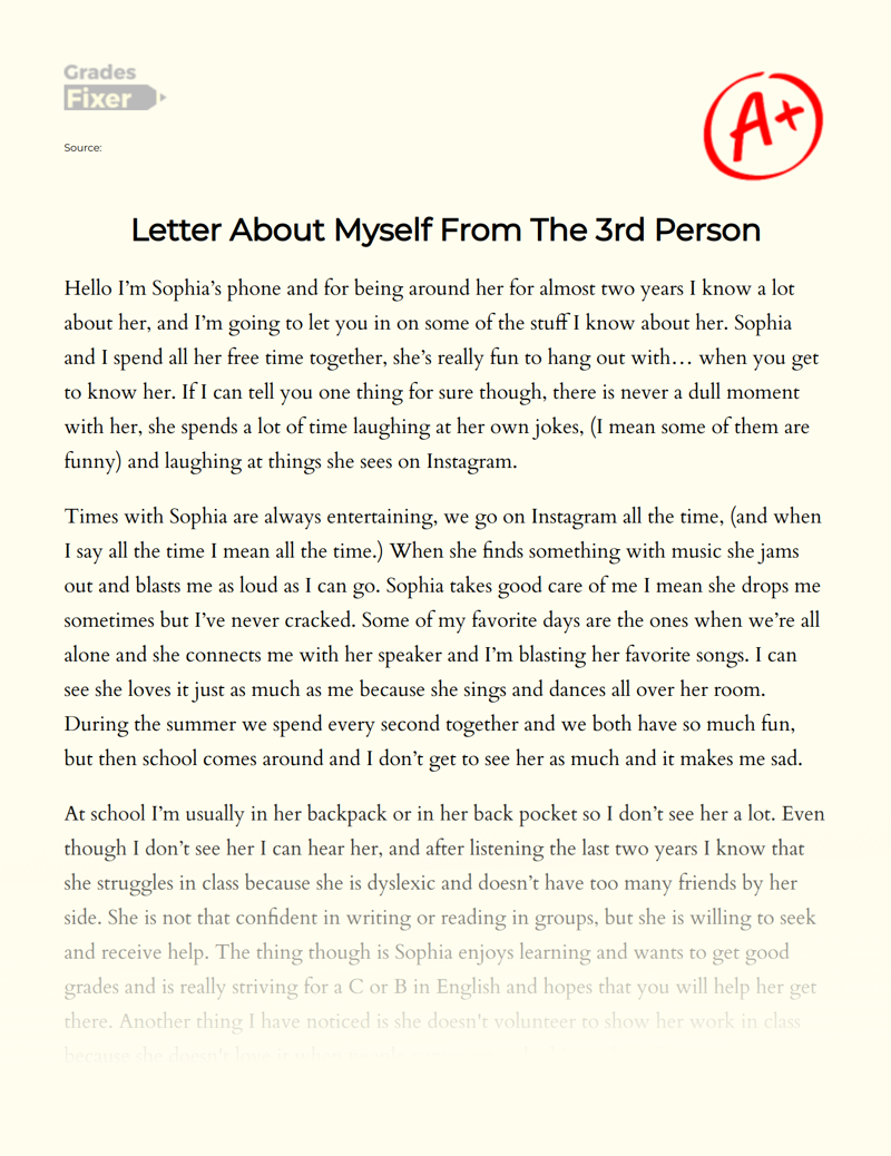 Letter About Myself From The 3rd Person Essay Example 633 Words 