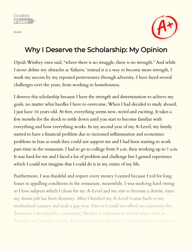 Why I Deserve The Scholarship My Opinion Essay Example 469 Words 