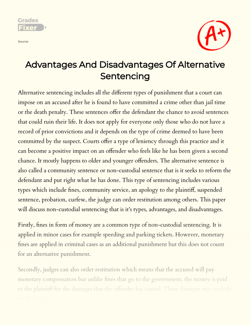 Advantages And Disadvantages Of Alternative Sentencing Essay Example